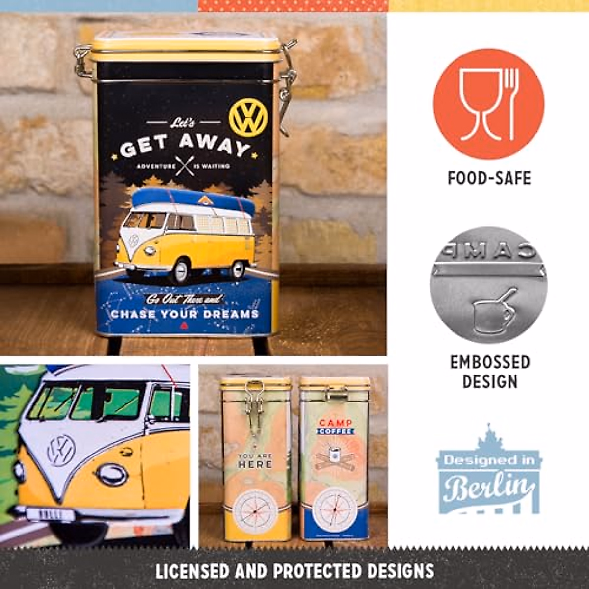 Nostalgic-Art Retro coffee tin box, 44 oz, VW Bulli – Let's Get Away – VW Bus Gift idea, metal clip top can, vintage design