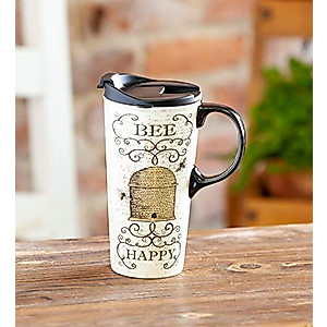 Cypress Home Inspirational Travel Mug, Bee Happy 17 OZ Ceramic Cup - 4 x 5 x 7 Inches Insulated Coffee Tea Mug