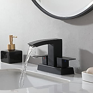 Friho Extra Large Rectangular Spout 4 Inch Two Handle Centerset Matte Black Bathroom Faucet,Waterfall Bathroom Sink Faucet Lavatory RVs Vanity Faucets for Sink 3 Hole with Water Hoses and Pop up Drain