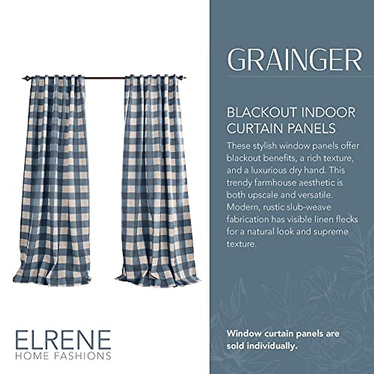 Elrene Home Fashions Farmhouse Living Grainger Buffalo-Check Blackout Window Curtain, Living Room and Bedroom Drape with Rod Pocket Tabs, 52" x 95", Indigo, 1 Panel