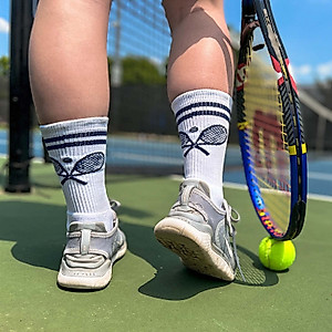 ChalkTalkSPORTS Tennis Performance Crew Socks - Crossed Racquets - Navy - Tennis Mid-Calf Socks - Adult