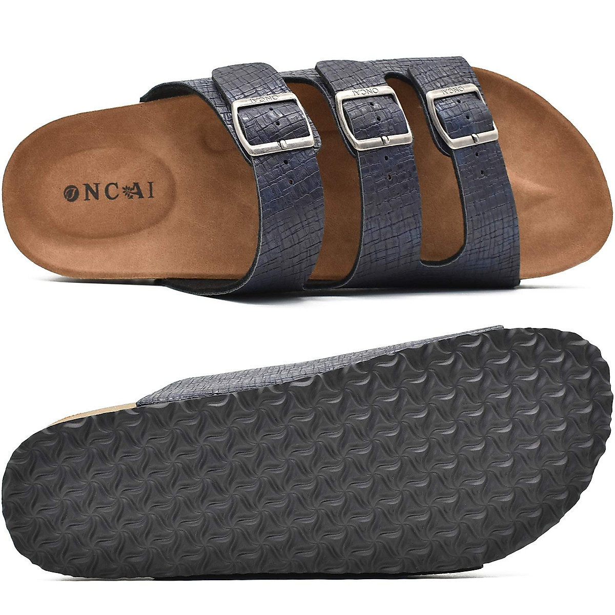 ONCAI Mens Sandals, Arch Support Summer Beach Slides Cushion Cork Footbed Sandals Outdoor/Indoor with Adjustable Buckle Strap Blue Size 11.5