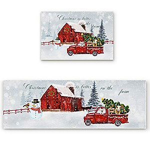 2 Piece Farm Animal Kitchen Rug Set Merry Christmas Indoor Floor Mats for Winter, Xmas Door Mat Runner Rug Carpet Mat for Kitchen Home Decor (15.7" x 23.6"+15.7" x 47.2") - Red Truck Snowy Retro Barn