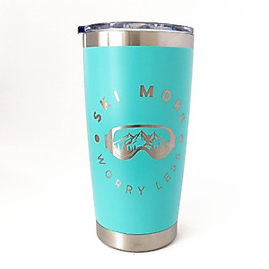 Ski More Worry Less 20oz Coffee Tumbler (Teal), Skiing Gifts for Women, To Go Travel Coffee Mug, Snow Ski Accessories Fun