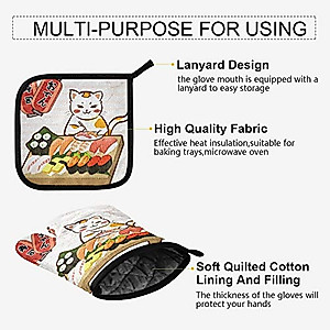 Oven Mitts and Pot Holders Sets, Sushi Cat Japanese Cute Funny Kitten Heat Resistant Non Slip Oven Gloves Hot Pads for Cooking Baking BBQ Decorative Kitchen Gift(2-Piece Set)