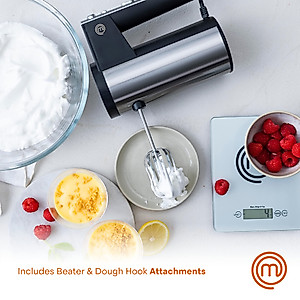 MasterChef Hand Mixer Electric, Handheld Egg Beater with Whisk Attachments and Dough Hooks, Stainless Steel Cake Accessories for Baking, Whipping Machine with Dishwasher Safe Parts, 6 Speed Settings