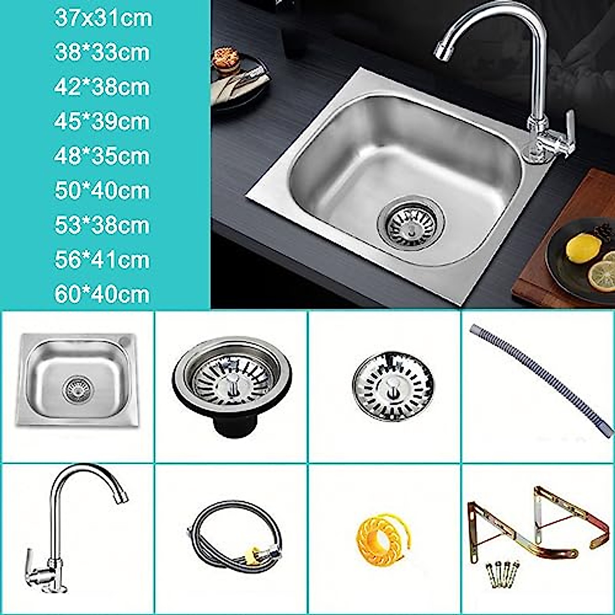Commercial Sink Hand Washing Basin, Single Bowl Kitchen Sinks, Utility Laundry Portable Handwashing Station, for Outdoor Indoor, Garage, Laundry/Utility Room, Restaurant，38 * 33cm