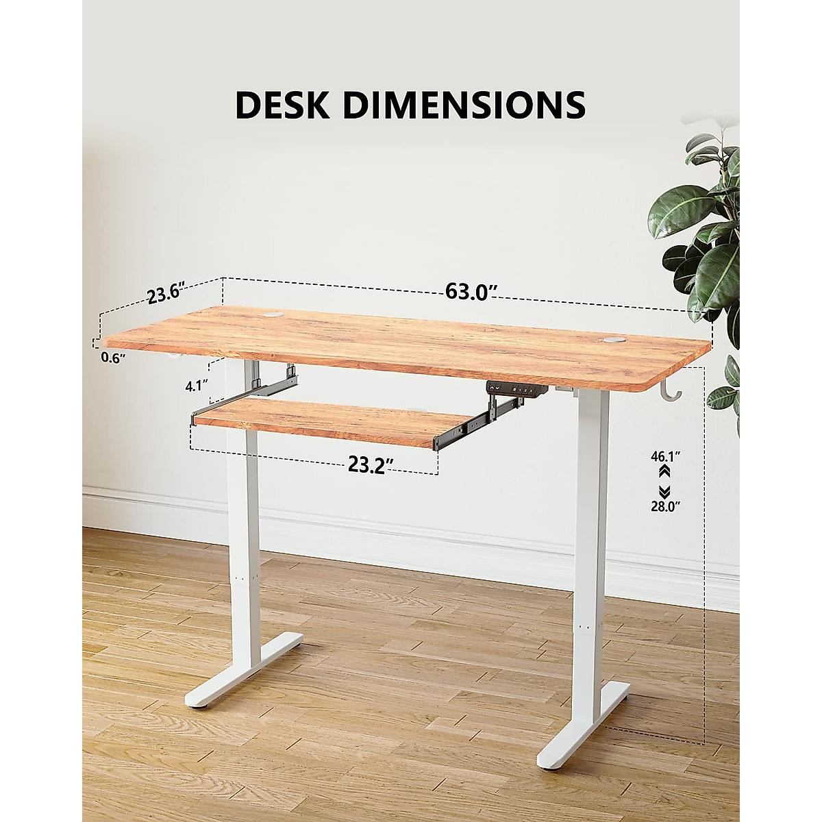 Cubiker Electric Standing Desk, 63 x 24 Inches Height Adjustable with Keyboard Tray, Ergonomic Workstation for Home Office, White Frame/Light Rustic Brown Top