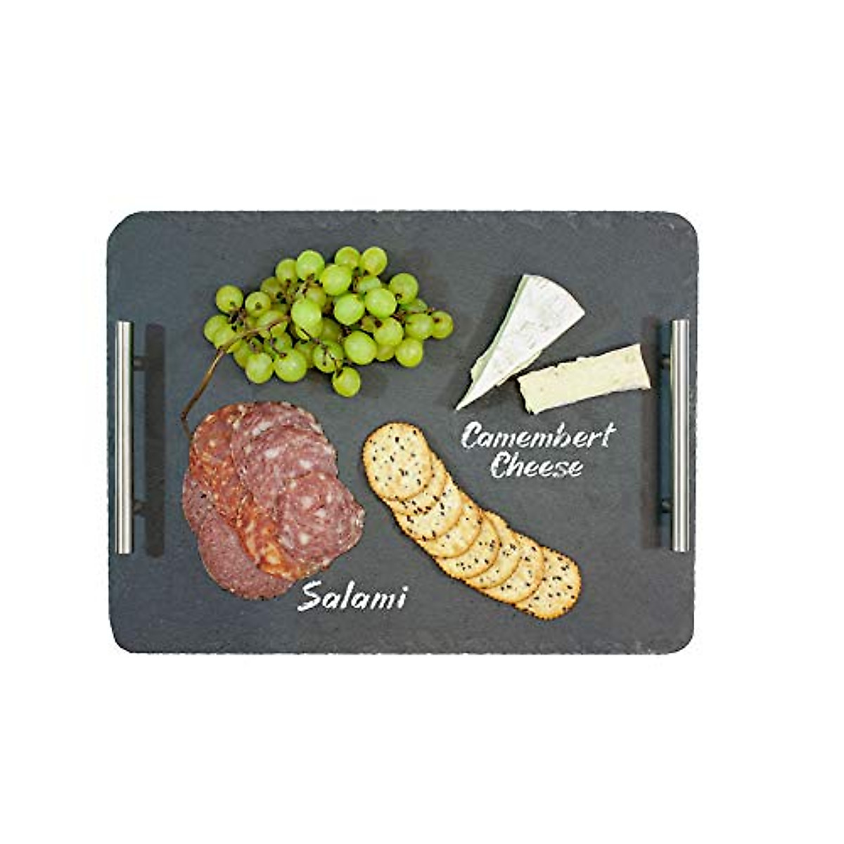 Oenophilia Slate Cheese Board with Stainless Steel Handles, Charcuterie Platter Serving Board Tray for Cheese, Crackers, and Meat