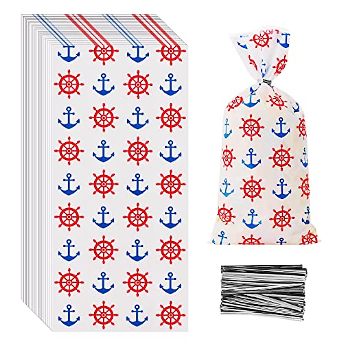 Lecpeting 100 Pcs Nautical Treat Bags Anchors Wheel Print Cellophane Candy Bags Plastic Goodie Storage Bags Nautical Party Favor Bags with Twist Ties for Nautical Theme Birthday Party Supplies