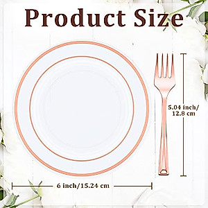 300 Pieces Plastic Dessert Plate Sets 150 Fork and 150 Small Clear Cake Plate Rim Disposable Plate Round Plastic Dessert Party Plate 6 Inch Fancy Salad Plate Appetizer Plate for Wedding (Rose Gold)