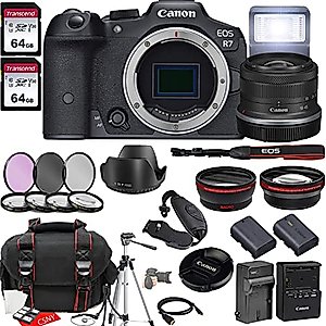 Canon EOS R7 Mirrorless Camera w/RF-S 18-45mm f/4.5-6.3 is STM Lens + 2X 64GB Memory + Hood + Case + Filters + Tripod & More (35pc Bundle)