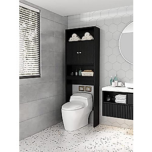 Majnesvon Toilet Bathroom Storage Cabinet Double Doors Bathroom Organizer Toilet Cabinet Freestanding Above Toilet Rack with Open Shelves and Adjustable Bottom Bar 76.8 in Black