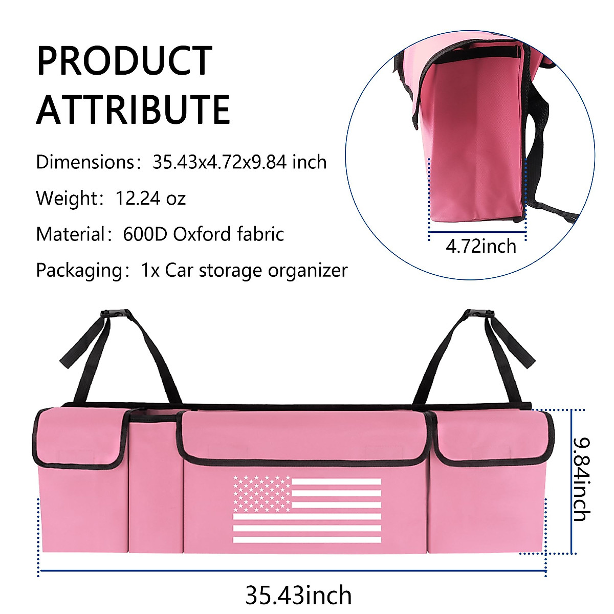 Salior Trunk Organizer for Car,Unique US Flag Backseat Car Organizer with 4 Large Capacity Pocket,Waterproof Car Trunk Storage Organizer Hanging on Car Truck SUV MPV Rear Seat (Pink)