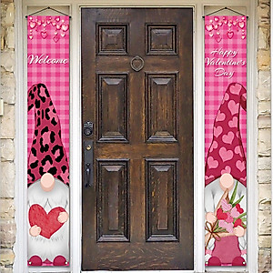 Valentine's Day Gnome Porch Banner Buffalo Check Plaid Anniversary Holiday Front Door Sign Wall Hanging Party Decoration