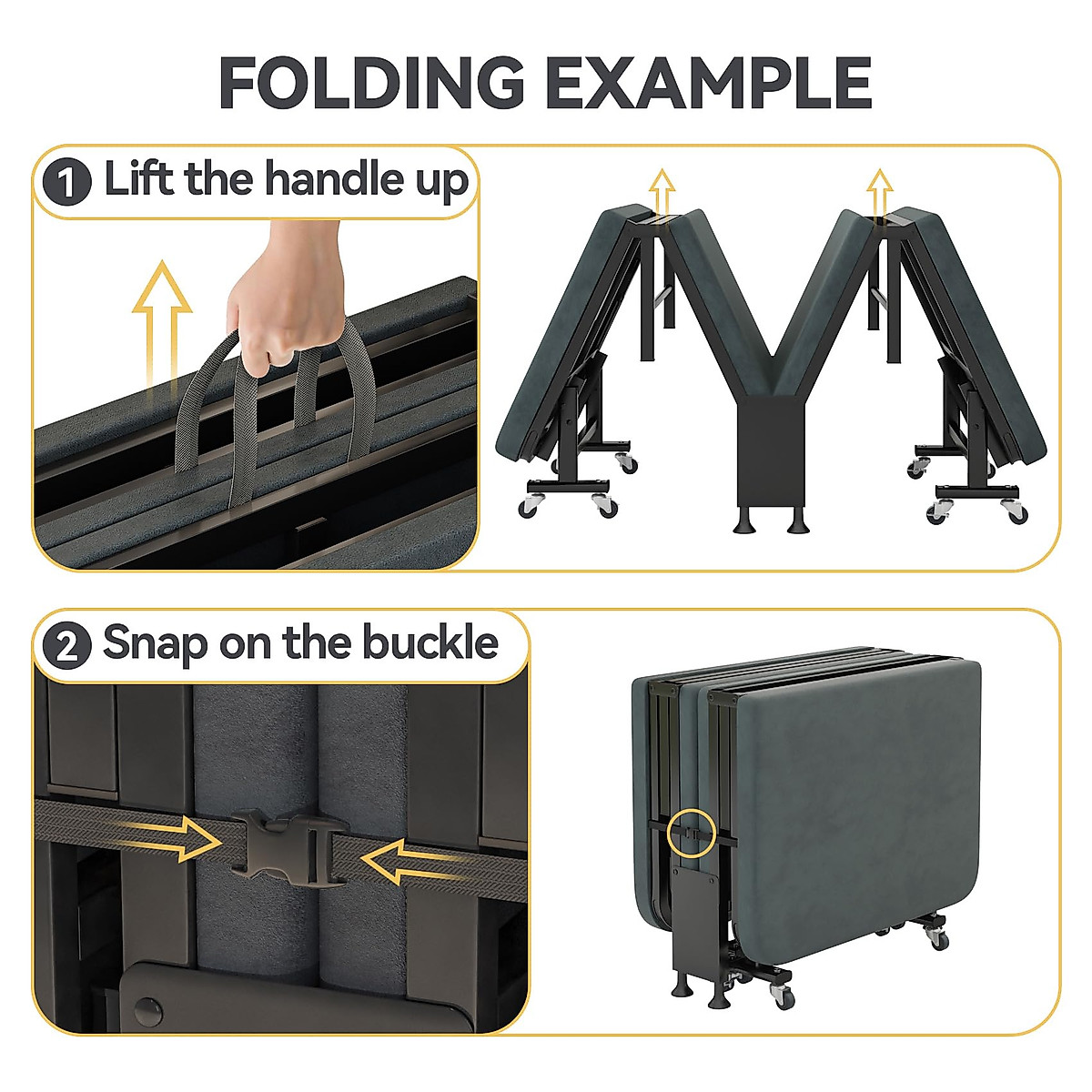 LEAIJIAFY Foldable Bed Sleeping Cot with Casters and 1.57" Latex Mattress,Temporary Bed Guest Rollaway Bed with Adjustable Backrest,Sturdy Metal Bed Frame,for Lunch Break Nap,Black,74.80" *23.62"