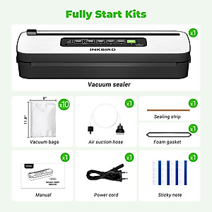 Vacuum Sealer Machine, INKBIRD Powerful 130W High Power with Liquid/Moist/Dry 6-Food Modes, Compact Food Preservation System with Cutter, Full Start Kit with Pre-cut Bags*10 (8''*11.8''), EXT-VAC