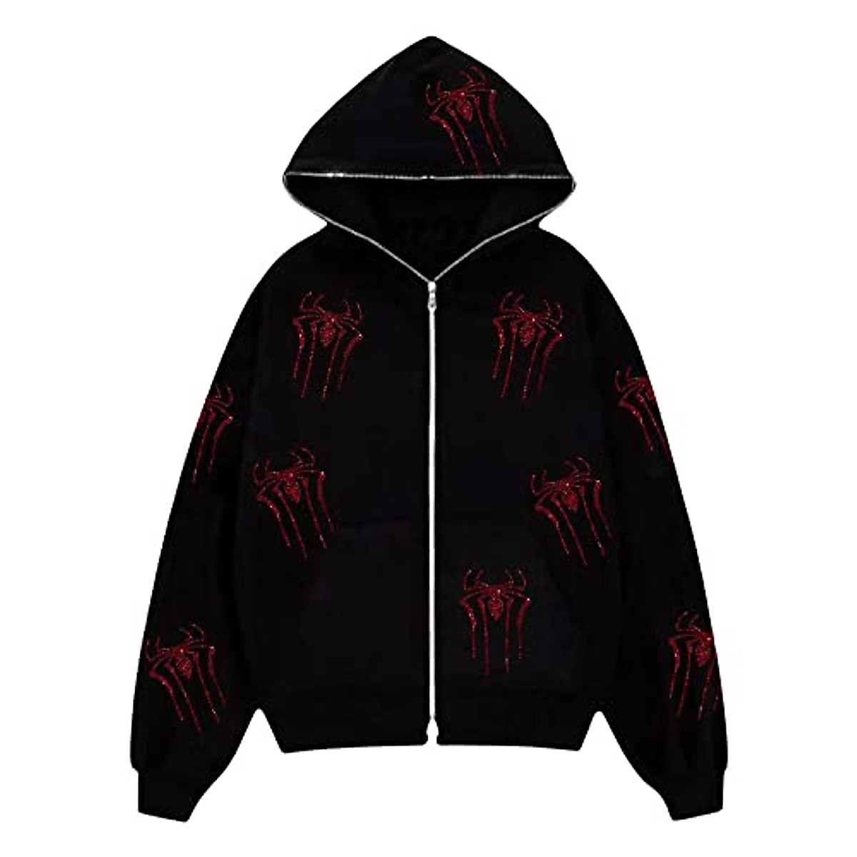 Cbsdezanos Y2k Zip Up Hoodie for Women Rhinestones Skull Skeleton Hoodies Long Sleeve Hooded Sweatshirt Gothic Harajuku Streetwear (Black Red Spider, M)