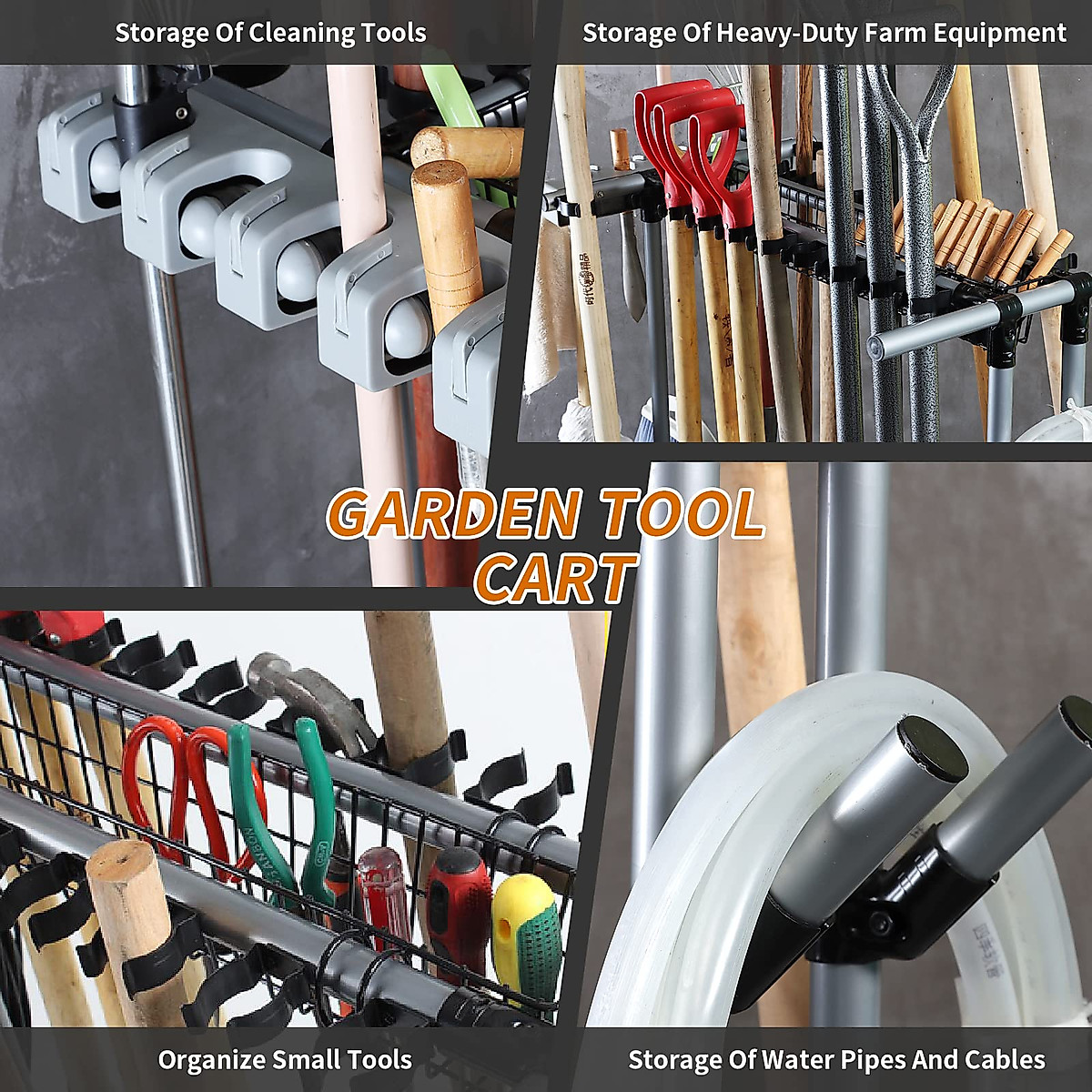 QTJH Heavy duty garden tool organizer garage storage holder storage large long farming tools lawn tool metal rack shovel and rake organizer