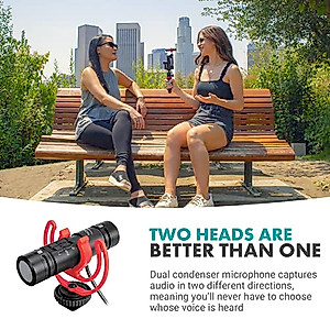 Movo DoubleMic V2 Two-Sided Supercardioid Video Shotgun Microphone for iPhone, Android, Smartphones or DSLR Camera - Dual Capsule External Mic with Improved Wind Protection - Latest Version