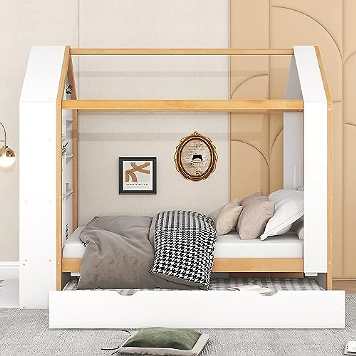 Harper & Bright Designs Twin House Bed for Kids,Wood House Bed with Trundle,Twin Size Platform Bed with Storage Shelves and Window,Twin Playhouse Bed for Girls Boys,White