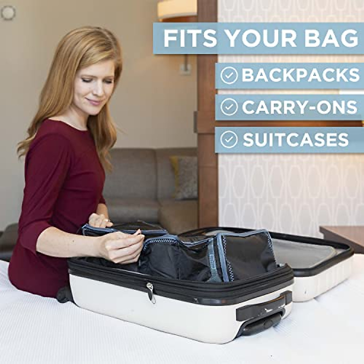 Pack Gear Suitcase Organizer | Pack More in your Large or Carry On Luggage | Unpack Instantly with these Compression Packing Cubes for Suitcases | Hanging Shelf Organizer for Closet (Black) (Carry-On)