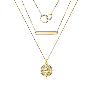 Layered Necklaces for Women, Handmade 14K Gold Plated Cute Bar Necklace Layering Infinity Circles Hexagon A Letter Initial Necklace Layered Gold Necklaces for Women Gold Necklace for Women (A)