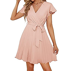 ZESICA Women's Wrap V Neck Mini Dress 2023 Summer Flutter Sleeve Tie Waist Pleated A Line Swing Wedding Party Short Dresses,LightPink,Medium