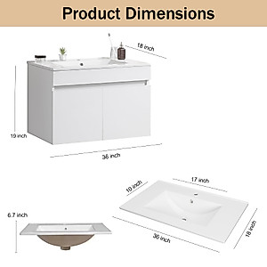 Xuanlur 36" Bathroom Vanity,Wall Mounted Bathroom Vanity with White Ceramic Basin,Two Soft Close Cabinet Doors, Solid Wood,Excluding faucets,White
