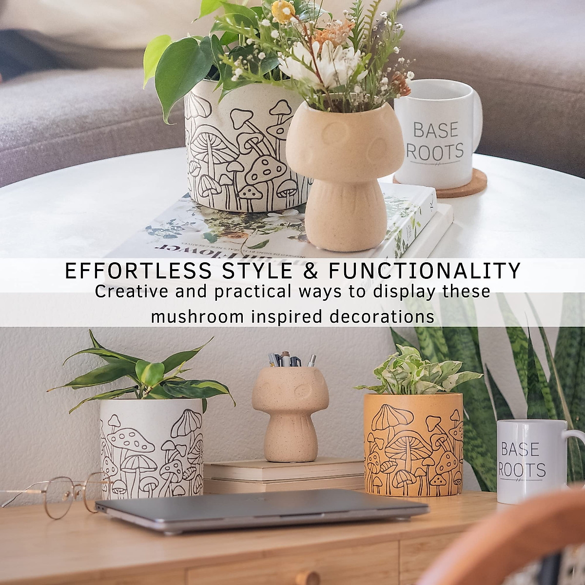 BASE ROOTS Mushroom Planter, Speckled White, Indoor/Outdoor, Holds Small Plants