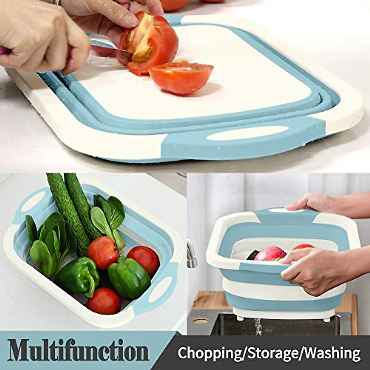 Rottogoon Collapsible Cutting Board, Foldable Chopping Board with Colander, Multifunctional Kitchen Vegetable Washing Basket Silicone Dish Tub for BBQ Prep/Picnic/Camping(Light Blue)