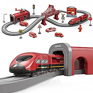 Train Sets for Boys 4-7, 66 Pcs Battery Operated Train Set with Tracks(Magnetic Connection), Compatible with Thomas, Brio, Chuggington, Gifts for 3 4 5 6 Years Old (66pcs Fire Truck)