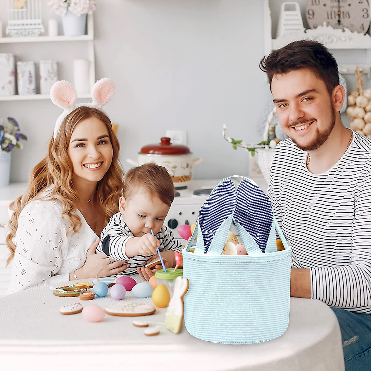 GFU Easter Bunny Basket with 2pcs Stickers,Seersucker Eggs Hunt Bag with Handle for Kids, Pink Children Easter Tote Bags,Rabbit Ears Stripe Bag for Boys and Girls to Carry Candy Gift, Easter Egg