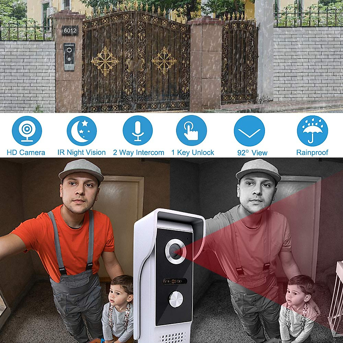 AMOCAM Video Intercom System, 7 Inche Monitor Wired Video Door Doorbell Kit, Outdoor IR Camera Door Intercom, Support Monitoring, 2-Way Intercom Unlocking for Home