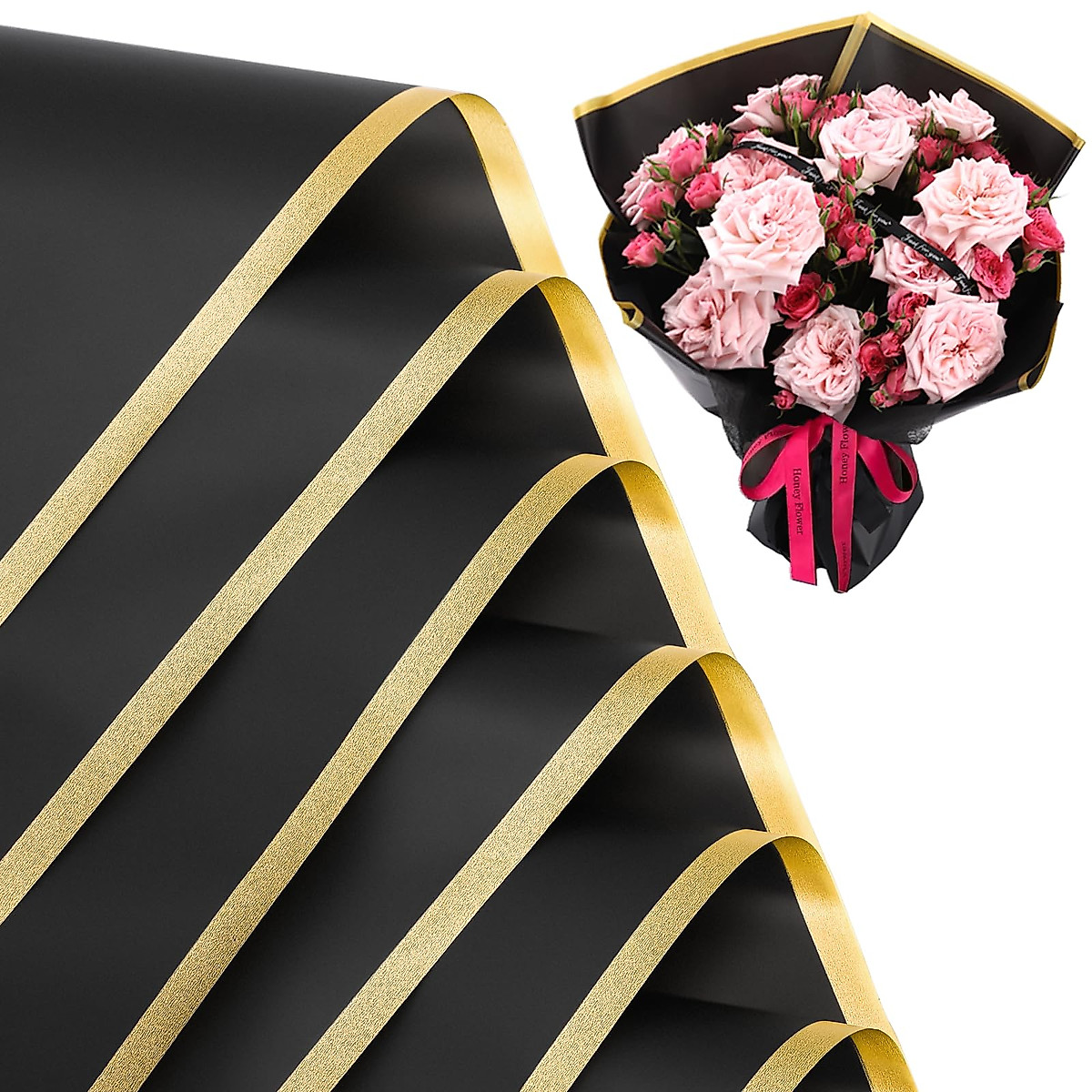 Vutim Flower Wrapping Paper, 25PCS Black Wrapping Paper, Gold Edge Waterproof Bouquet Paper, Flower Gift Wrapping Paper for Flower Shop, Wedding, Birthday Party, Handmade DIY, Anniversary