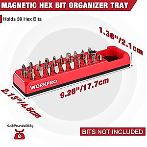 WORKPRO Magnetic Hex Bit Organizer, 39 Hole Screwdriver Drill Bit Holder Tray with Strong Magnetic Base, Accessories Storage Grid, for 1/4 Inch Hex Bit & Drive Bit Adapter, Red (Bits Not Included)