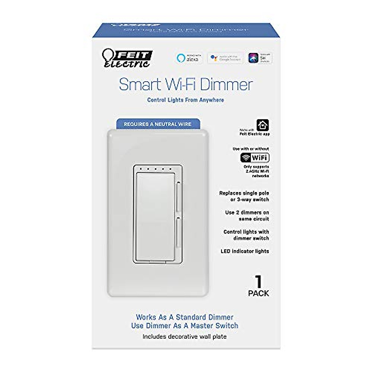 Feit Electric DIM/WiFi Neutral Wire Required for Installation, Compatible with Amazon Alexa and Google Assistant, Smart Dimmer Light Switch, White, Model:DIM/WiFi