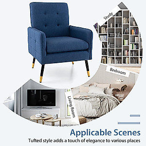 Giantex Modern Mid-Century Accent Chair - Upholstered Armchair with Tufted Back, Metal Legs, Adjustable Foot Pads, Linen Fabric Single Sofa Chair for Reading, Living Room Chair for Bedroom, Blue