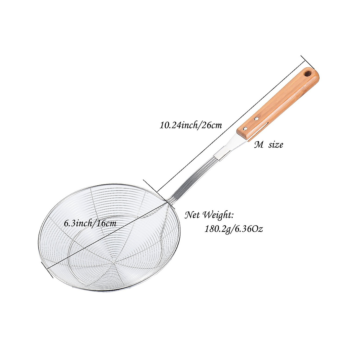 TENTA TENTA KITCHEN Stainless Steel Skimmer Strainer, Wire Skimmer with Spiral Mesh Bamboo Handle Spoon/Ladle for Spaetzle/Pasta/Chips (1pc M Size)