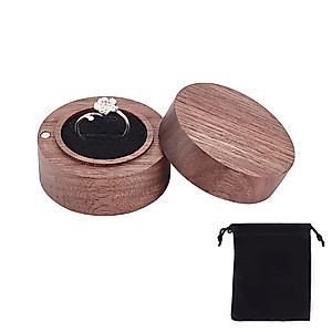 FINGERINSPIRE Walnut Wooden Engagement Ring Box 2.1x1.4inch Black Velvet Lining Round Magnetic Buckle Design Jewelry Ring Box Wood Ring Box for Proposal Wedding Ring Storage（Come with a Velvet Bag）