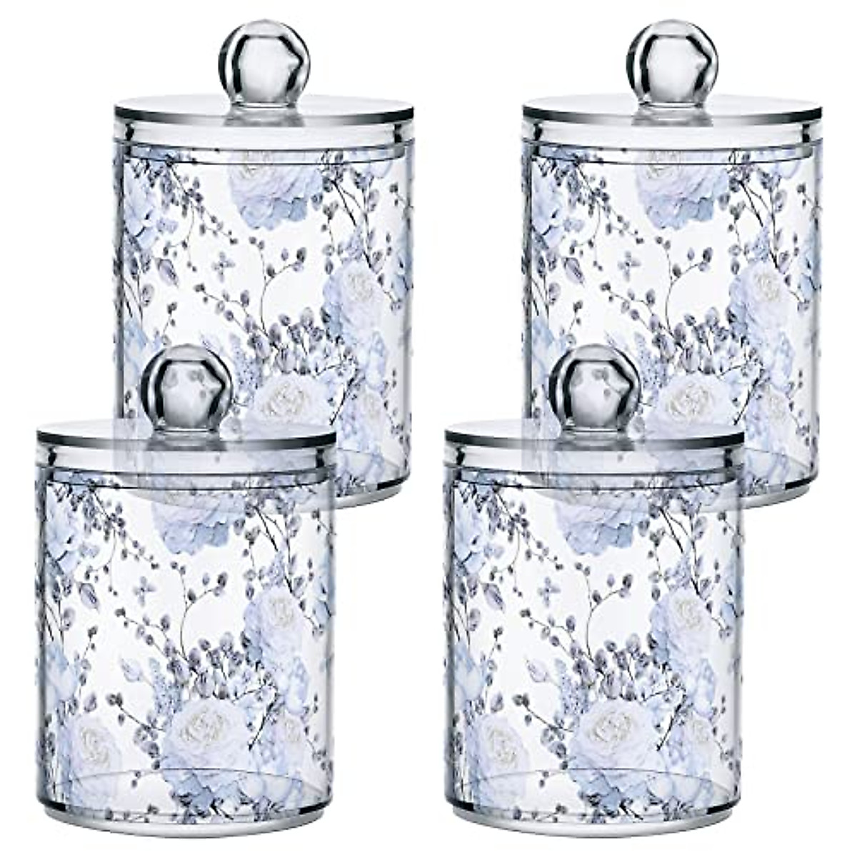 xigua 2 Pack Light Blue Flowers Apothecary Jars with Lid, Qtip Holder Storage Containers for Cotton Ball, Swabs, Pads, Clear Plastic Canisters for Bathroom Vanity Organization (10 Oz)