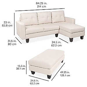 Best Choice Products Tufted Faux Leather 3-Seat L-Shape Sectional Sofa Couch Set w/Chaise Lounge, Ottoman Coffee Table Bench, White