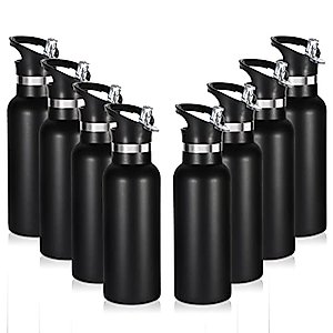 Volhoply 17oz Insulated Water Bottle Bulk 8 Pack,Stainless Steel Kids Water Bottles with Straw Lid,Double Wall Vacuum Metal Thermos Water Bottle,Reusable Sports School Flask Keep Cold(Black,8 Set)