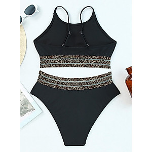 Herseas Women's Black Bikini Sets Color Block Leopard Mesh Trim 2 Piece Swimsuit Scoop Neck High Waisted Adjustable Spaghetti Straps Push Up Bathing Suit Large 12 14