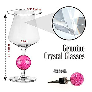FunPro Crystal Wine Glass with Real Golf Ball - Set of 2, Patent Pending, Hand Blown Premium Genuine Crystal Clear Wine Glass, Modern Long Stem White & Red Wine Glass for Party, Wedding & Home, Pink