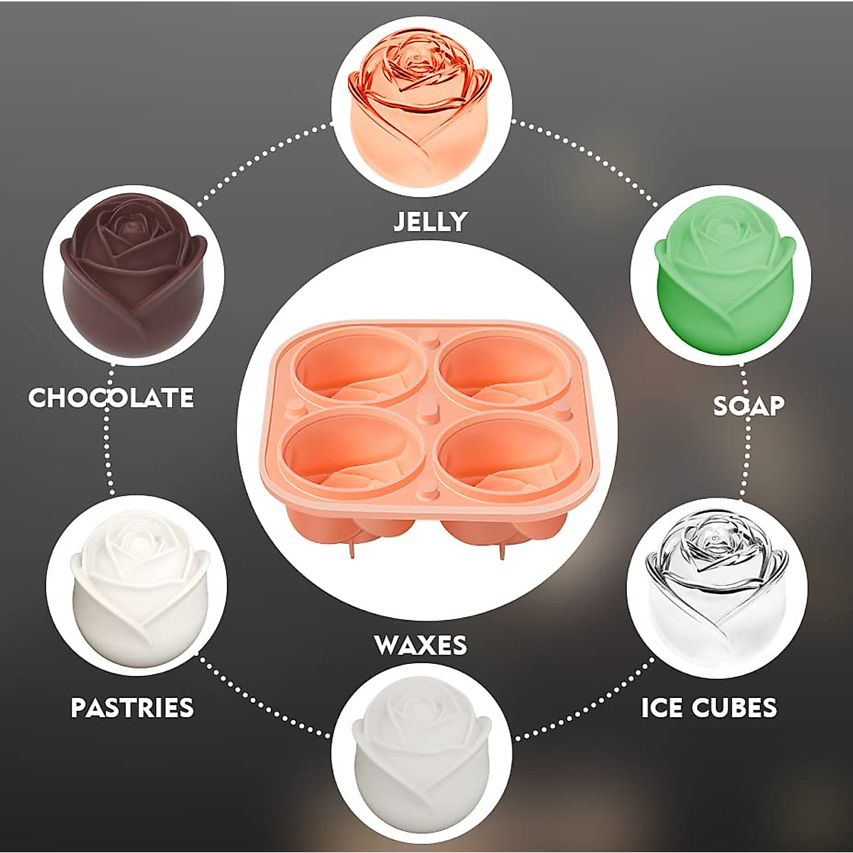 KooMall 3D Rose Ice Molds 2.5 Inch, Large Ice Cube Trays, Make 4 Giant Cute Flower Shape Ice, Silicone Rubber Fun Big Ice Ball Maker for Cocktails Juice Whiskey Bourbon Freezer, Dishwasher Safe, Pink