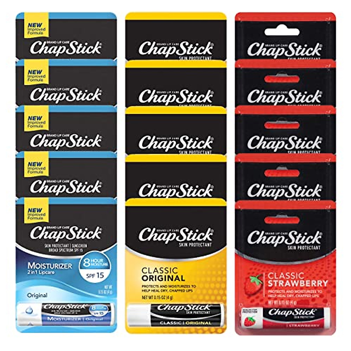 Chapstick Variety Pack Classic Original, SPF 15, & Strawberry Lip Balm Sticks Bulk, 0.15 Oz (15 Count) - Chap Stick Skin Protectant Moisturizer Tubes, Stocking Stuffers - By Dr. Plenty