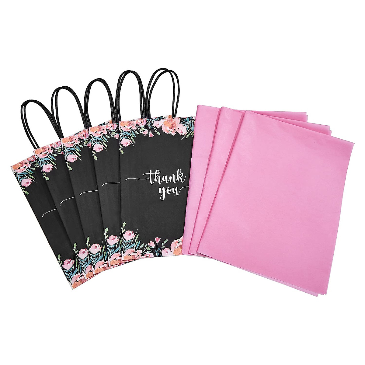 50 Pack Small Black & Floral Thank You Paper Gift Bags with Handles and 24 Sheets Pink Tissue Paper for Small Business, Shopping, Wedding, Baby Shower, Party Favors ( Small 9''x5.5''x3.15'', Black Floral)