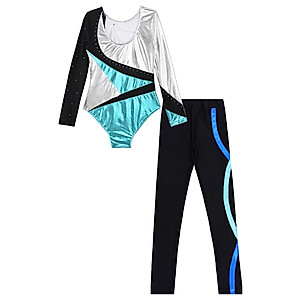 JEATHA Kids Girls Skating Dance Outfits Long Sleeve Gymnastics Leotard with Yoga Leggings Pants Set Activewear Blue A 12 Years