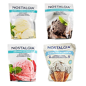 Nostalgia Ice cream Mix Variety Pack of all four Flavors Vanilla, Chocolate and Strawberry and Cookies 'N Cream - Pack of 4, Each Pocket of 8 Oz Makes 2 Quarts of Delicious Premium Old Fashioned Ice Cream.